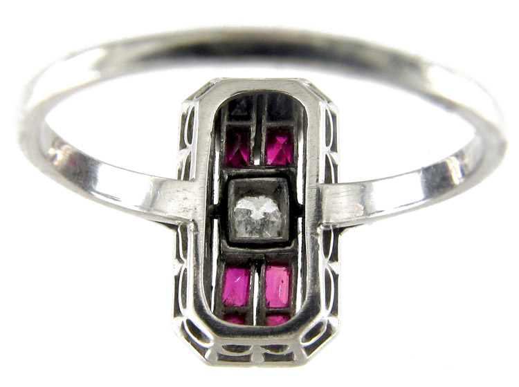 Ruby & Diamond Rectangular Art Deco Ring (8M/J) | The Antique Jewellery Company