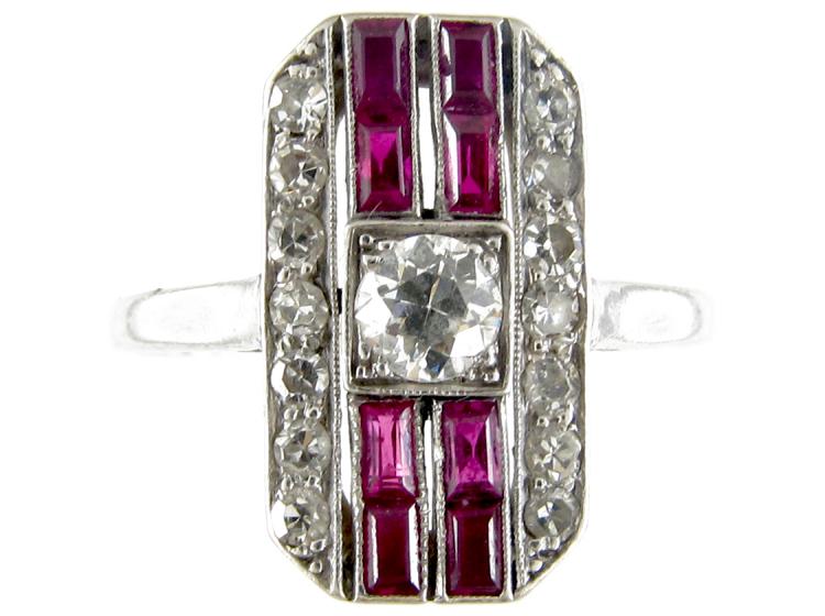 Ruby & Diamond Rectangular Art Deco Ring (8M/J) | The Antique Jewellery ...