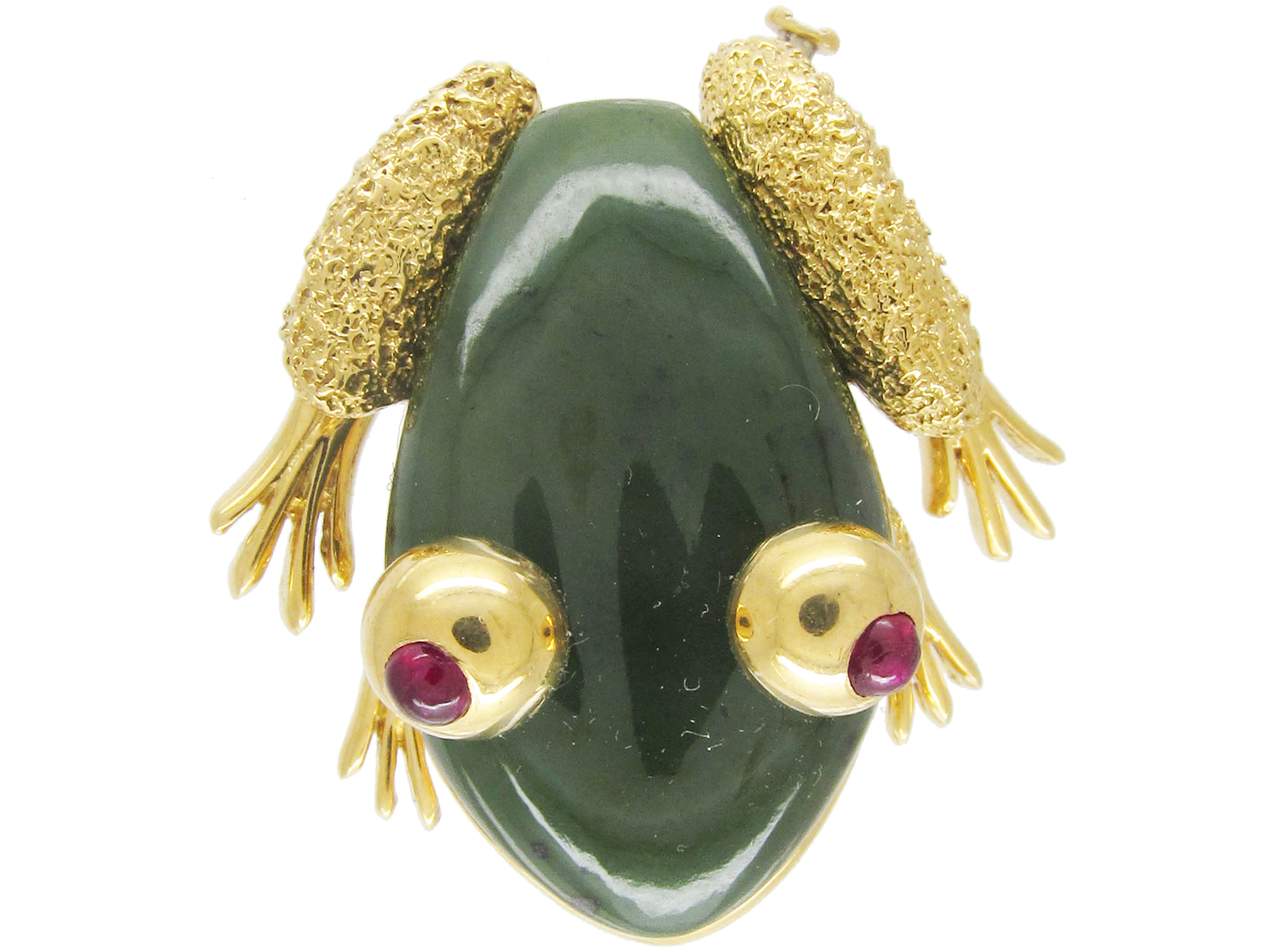 Nephrite Jade & Ruby Frog Brooch (132E) | The Antique Jewellery Company