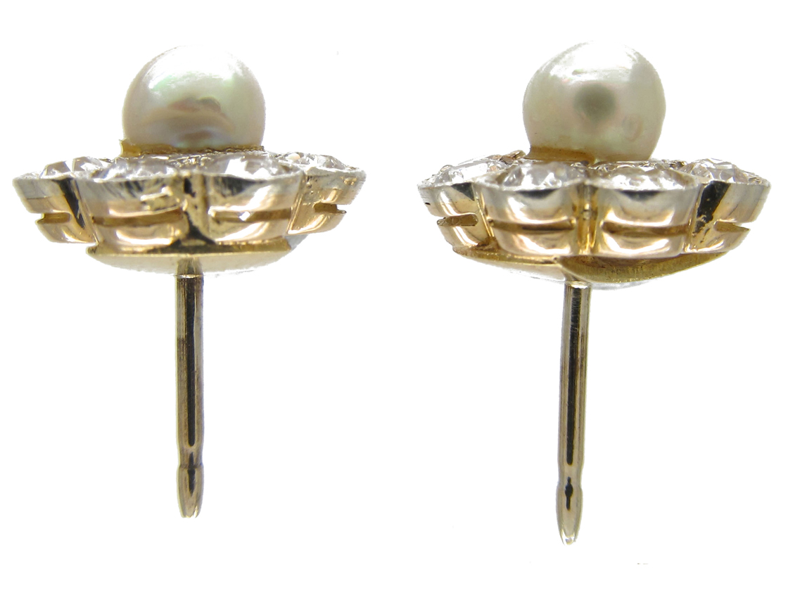 Pearl & Diamond Cluster Earstuds (53E) | The Antique Jewellery Company