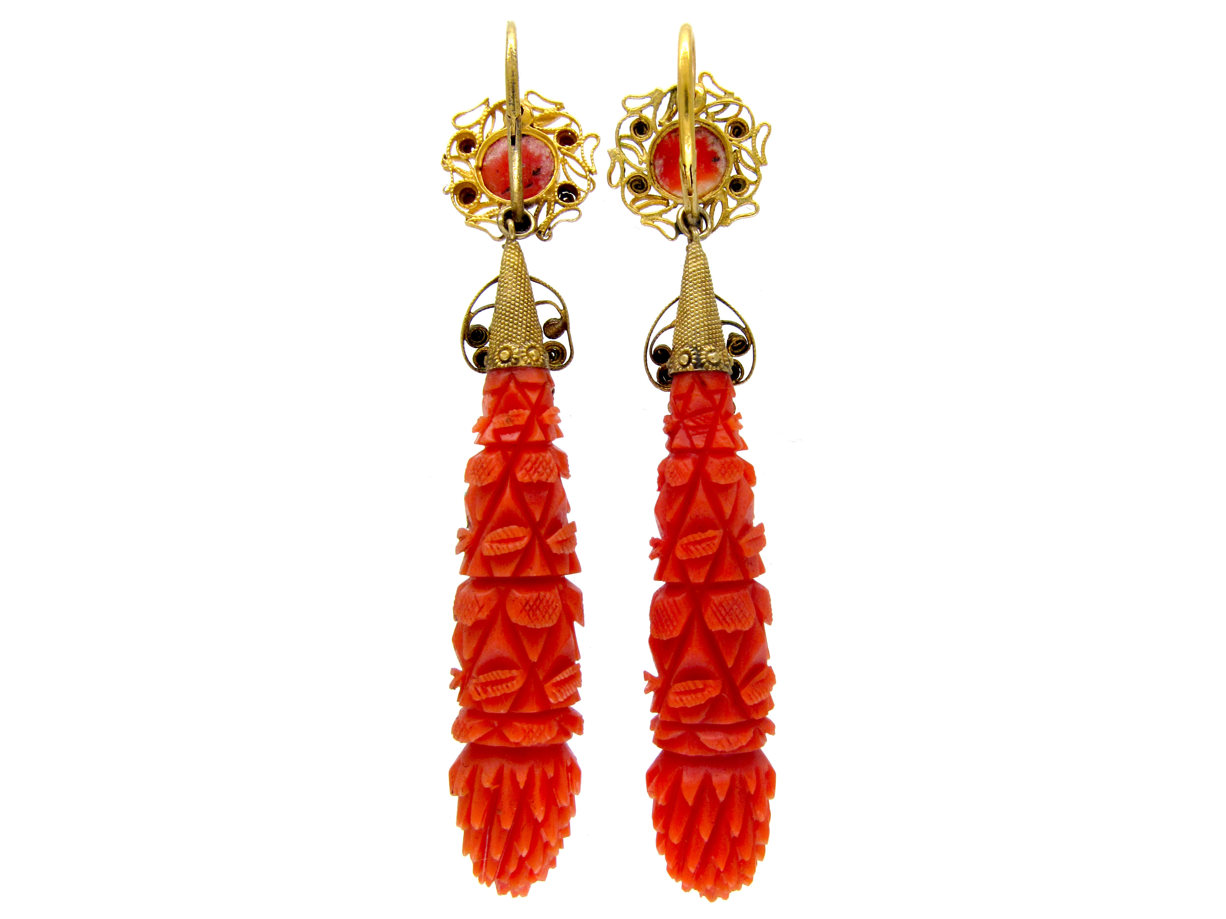 Carved Coral Regency Drop Earrings (217E) | The Antique Jewellery Company