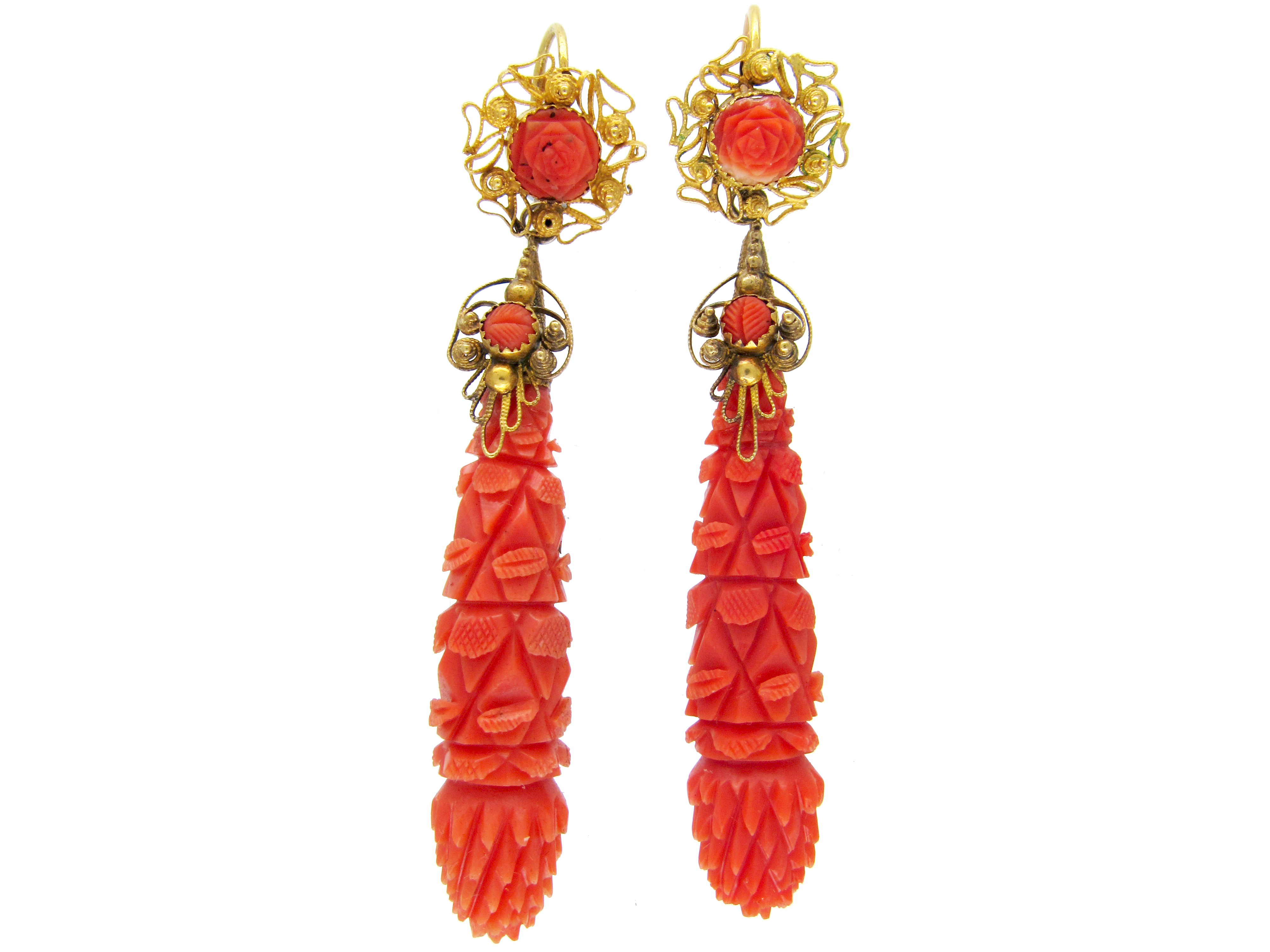 Carved Coral Regency Drop Earrings (217E) | The Antique Jewellery Company