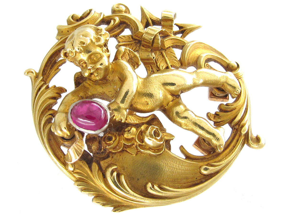 18ct Gold Rococo Cherub Love Brooch (795E) | The Antique Jewellery Company