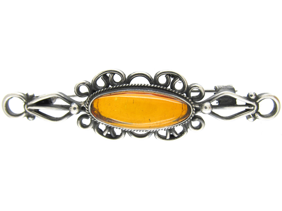 Russian Amber & Silver Bar Brooch (13F) | The Antique Jewellery Company