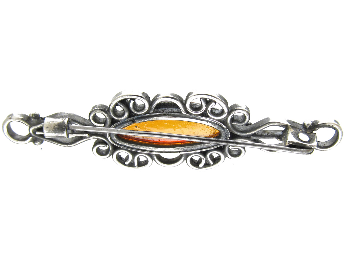Russian Amber & Silver Bar Brooch (13F) | The Antique Jewellery Company
