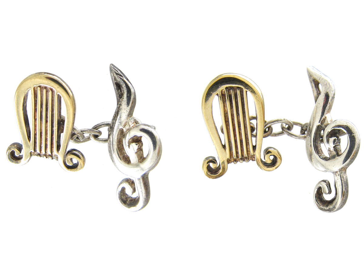 Silver Harp & Treble Clef Cufflinks (150E) | The Antique Jewellery Company