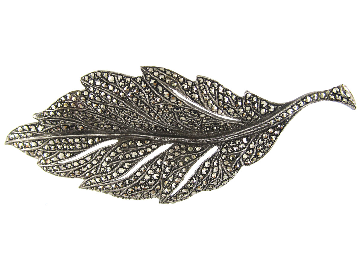Silver & Marcasite Leaf Brooch (74F) | The Antique Jewellery Company
