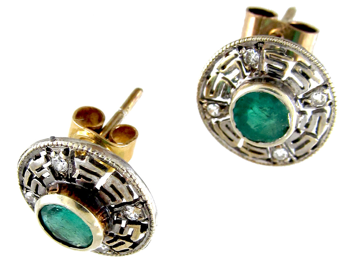 Emerald & Diamond Round Key Design Earrings (408F) | The Antique ...