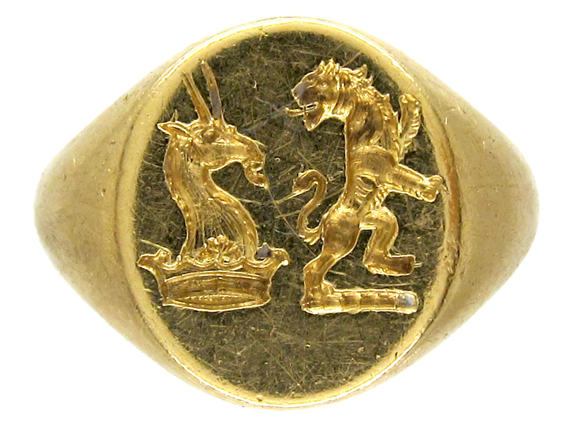 18ct Gold Double Crested Signet Ring (547F) | The Antique Jewellery Company