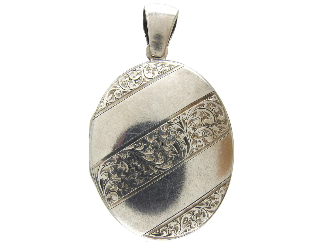 Oval Silver Banded Design Locket (533F) | The Antique Jewellery Company