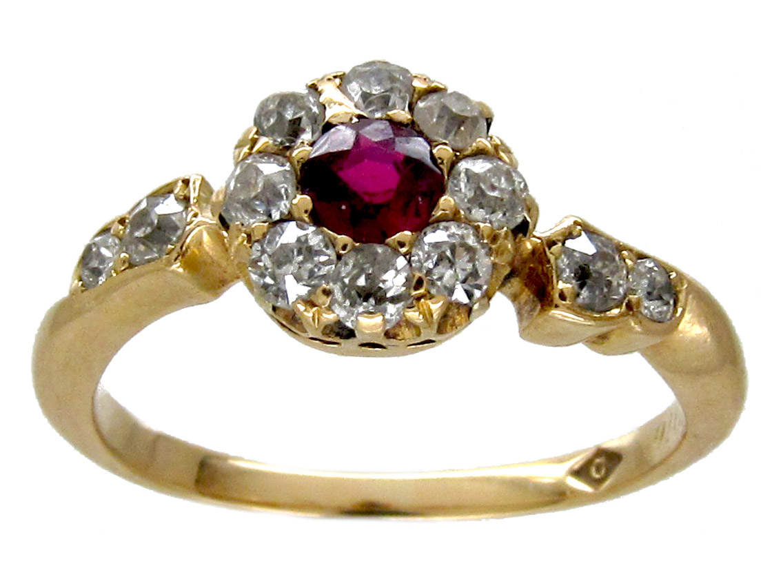 Edwardian Ruby & Diamond Cluster Ring with Diamond Shoulders (39/O ...