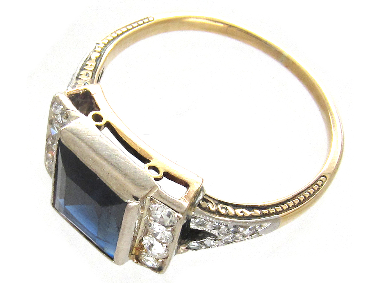 Art Deco Rectangular Sapphire & Diamond Ring with Diamond Shoulders ...