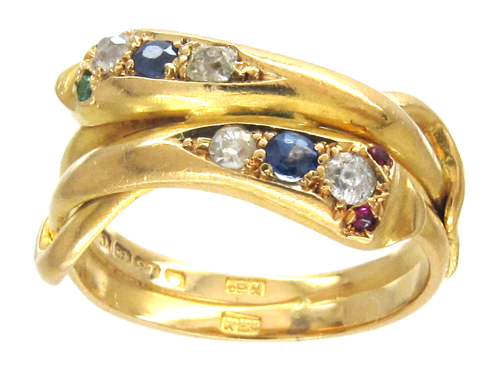 Edwardian 18ct Gold Sapphire Diamond Emerald & Ruby Double Snake Ring ...