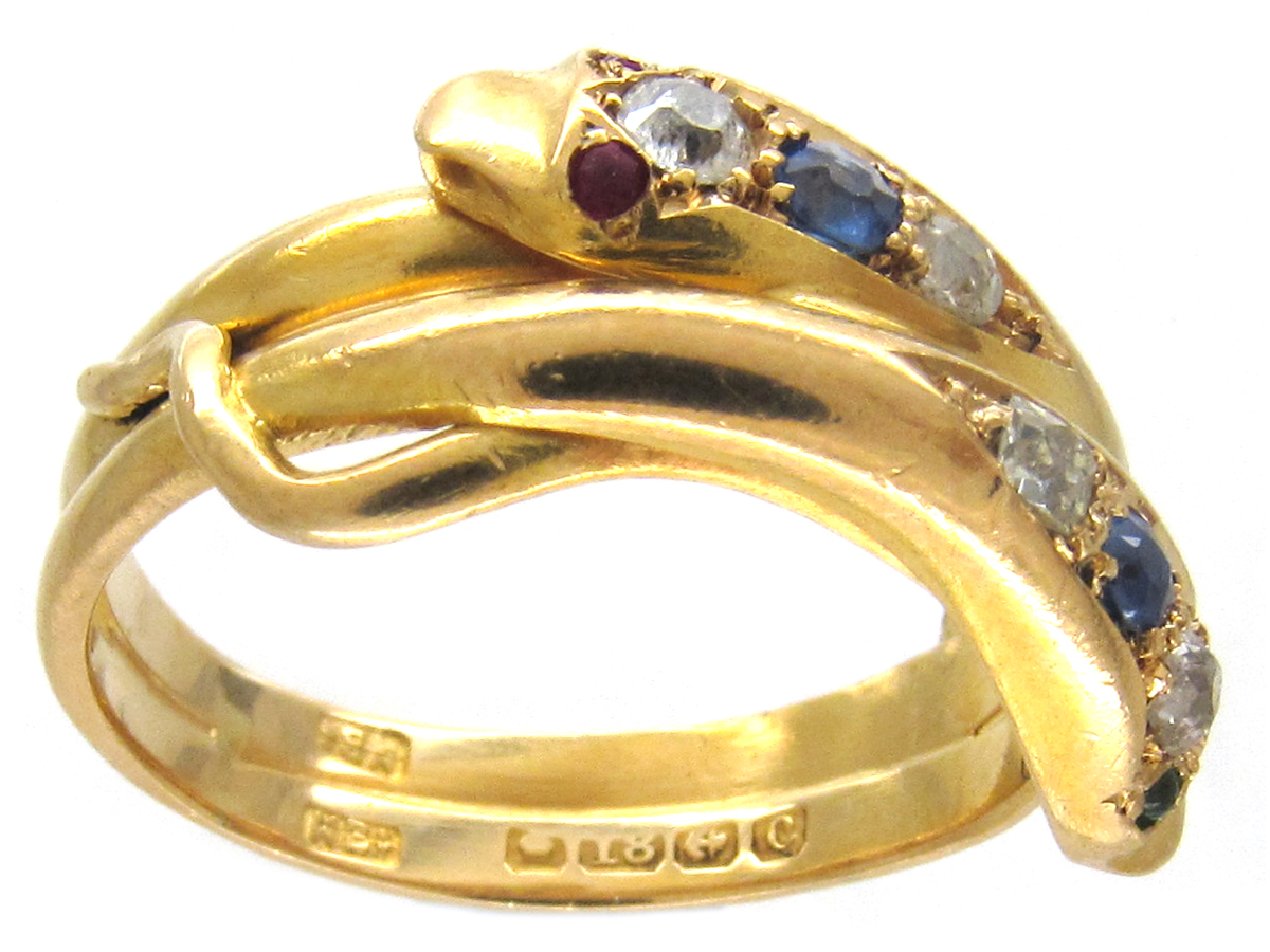Edwardian 18ct Gold Sapphire Diamond Emerald & Ruby Double Snake Ring ...