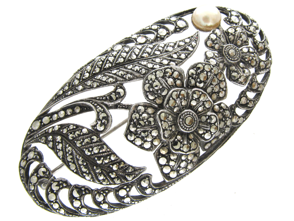 Art Deco Silver & Marcasite Oval Flowers Brooch (709B) | The Antique ...