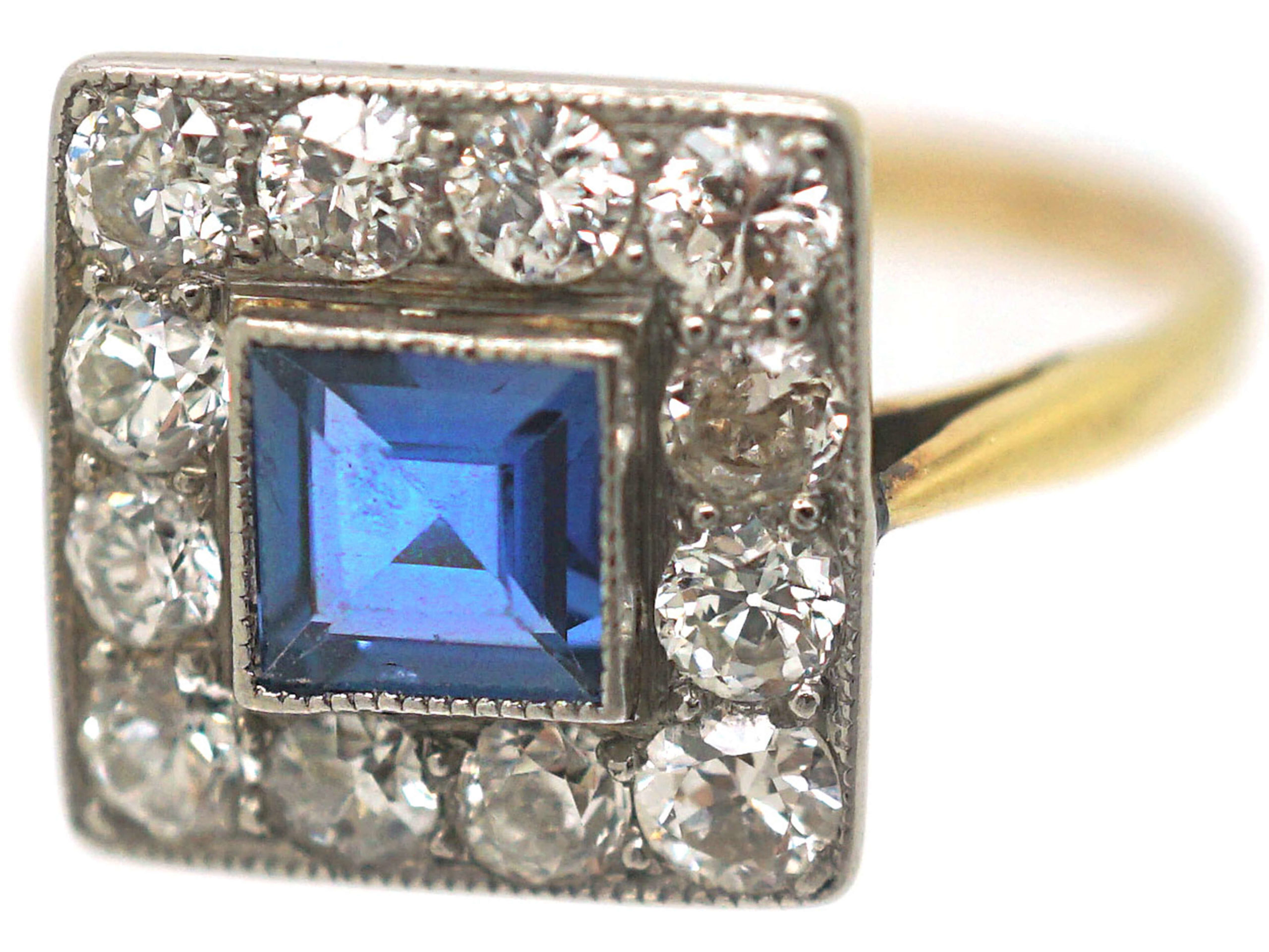 Art Deco 18ct Gold & Platinum Square Sapphire & Diamond Ring (875F ...
