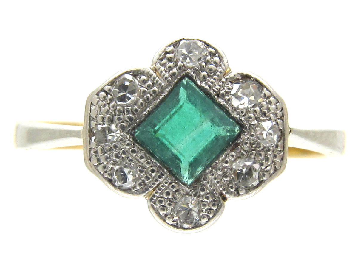 Art Deco 18ct Gold & Platinum Emerald & Diamond Scalloped Edge Ring ...