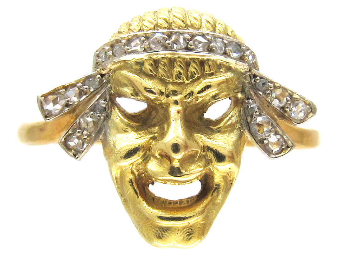 18ct Gold & Diamond Set Theatrical Mask Ring (62/O) | The Antique ...