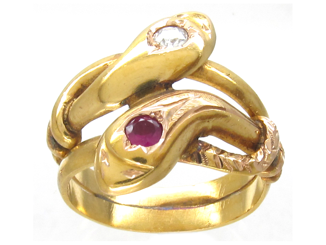 18ct Gold Double Snake Ring set with a Ruby & Diamond (983F) | The ...
