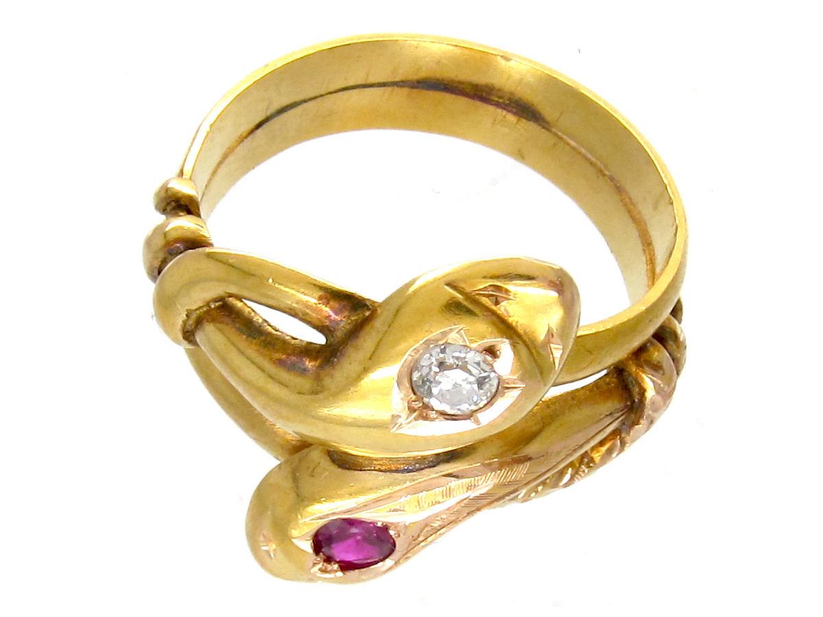 18ct Gold Double Snake Ring set with a Ruby & Diamond (983F) | The ...