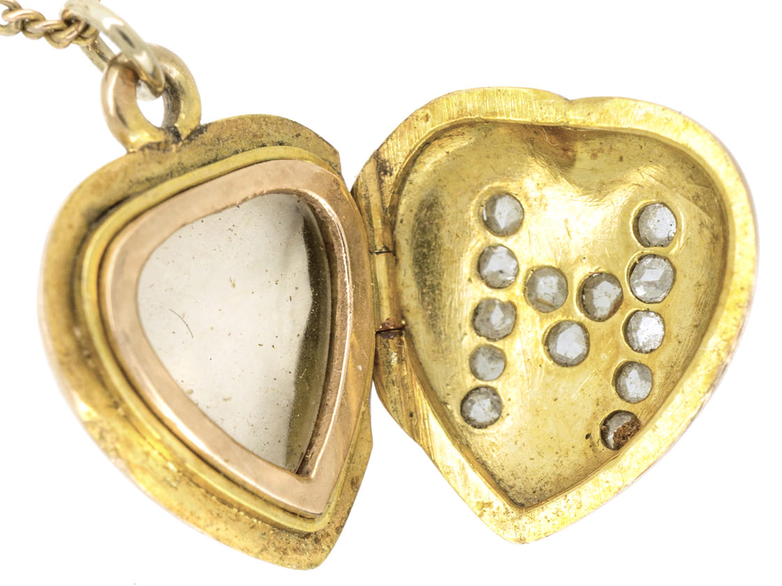 18ct Gold Edwardian Heart Locket set with the Letter M in Diamonds on a ...
