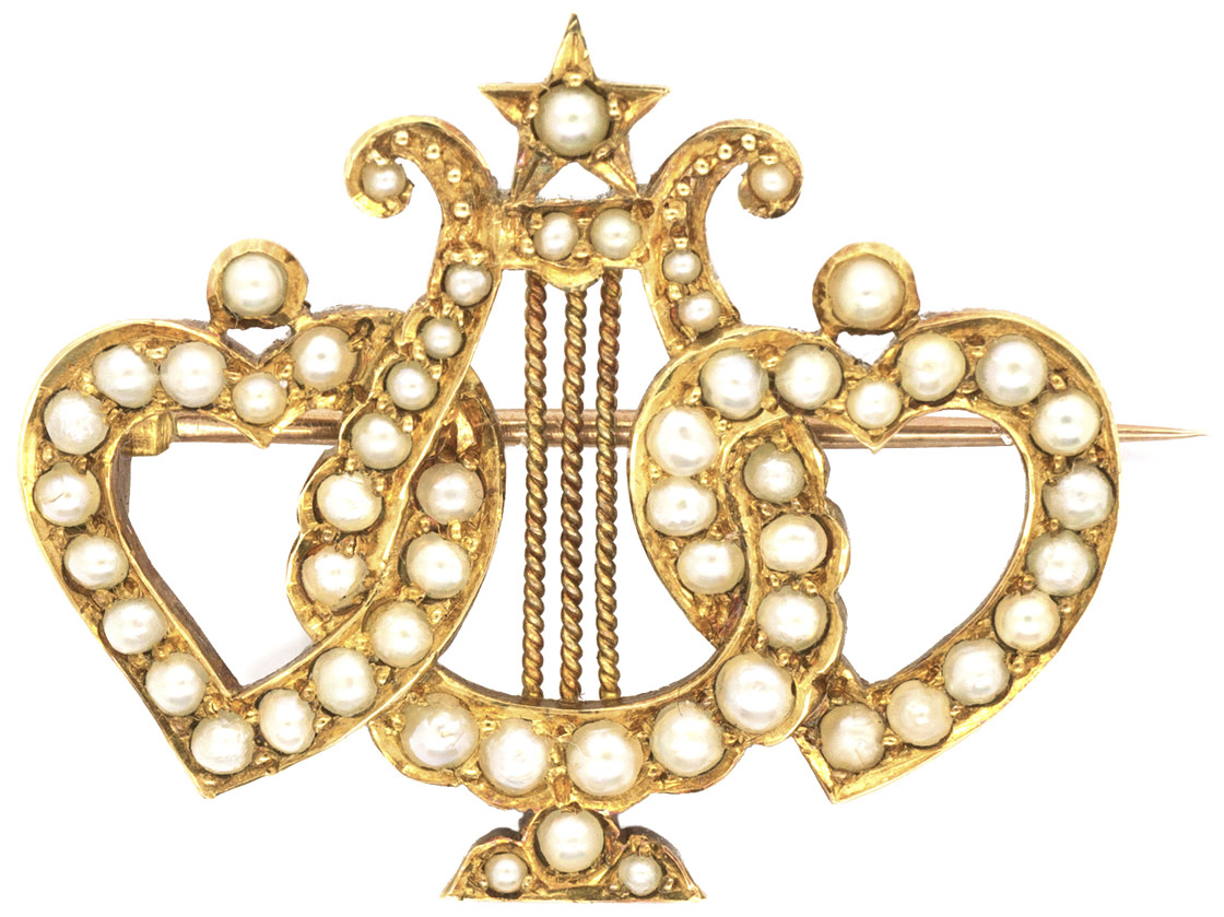 Edwardian 18ct Gold Double Heart & Lyre Split Pearl Brooch (47G) | The ...