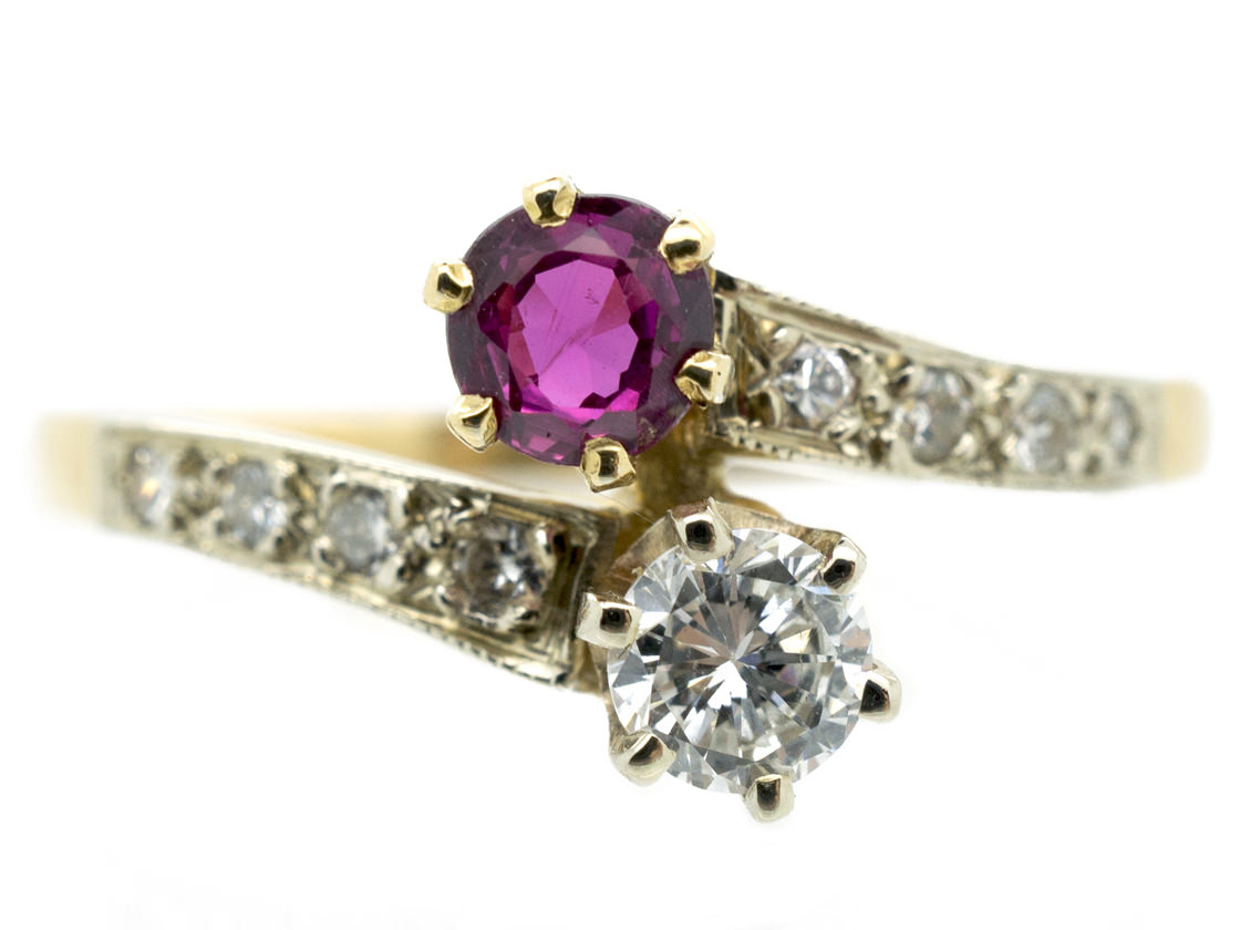 French 18ct Gold Diamond & Ruby Crossover Ring (93/O) | The Antique ...