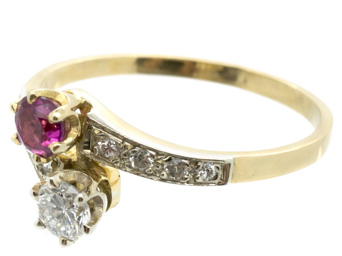 French 18ct Gold Diamond & Ruby Crossover Ring (93/O) | The Antique ...