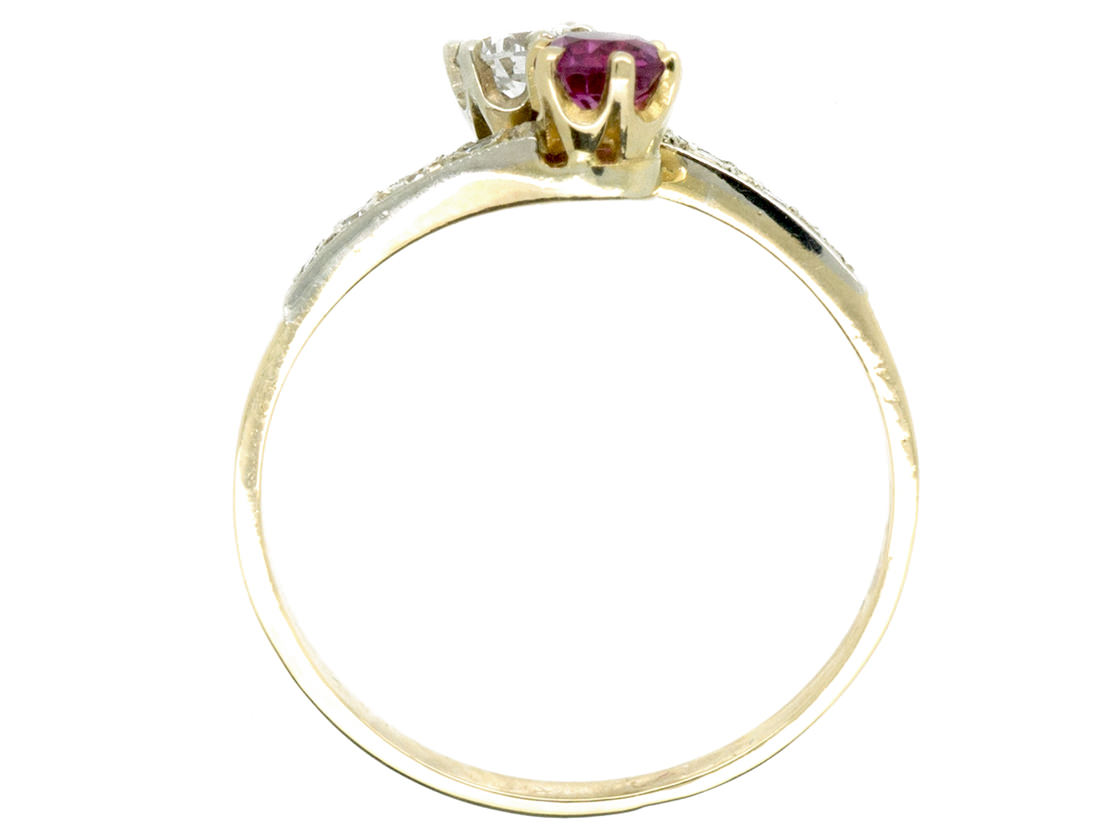 French 18ct Gold Diamond & Ruby Crossover Ring (93/O) | The Antique ...