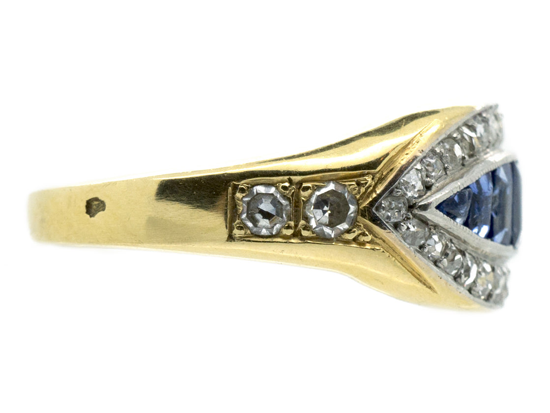 18ct Gold French Art Deco Sapphire & Diamond Boat Shaped Ring (100/O ...