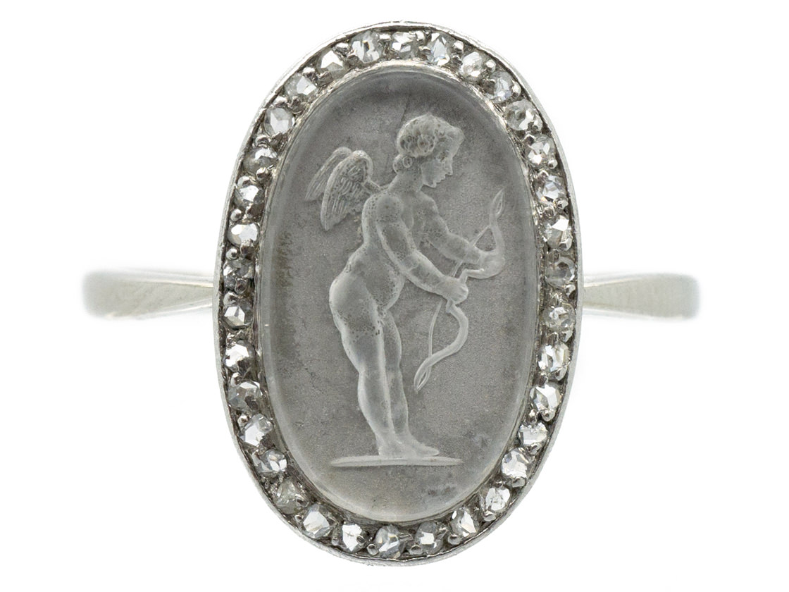 Edwardian Diamond & 18ct White Gold Rock Crystal Cupid with Bow Ring ...