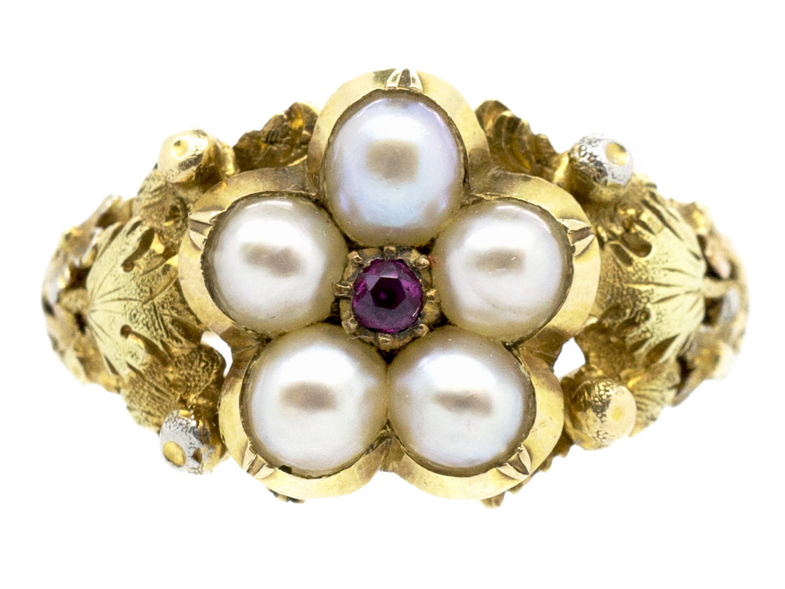 Georgian Three Colour 18ct Gold, Natural Pearl & Ruby Cluster Ring ...