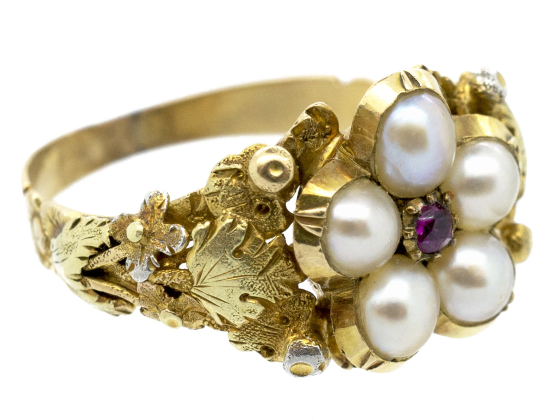 Georgian Three Colour 18ct Gold, Natural Pearl & Ruby Cluster Ring ...