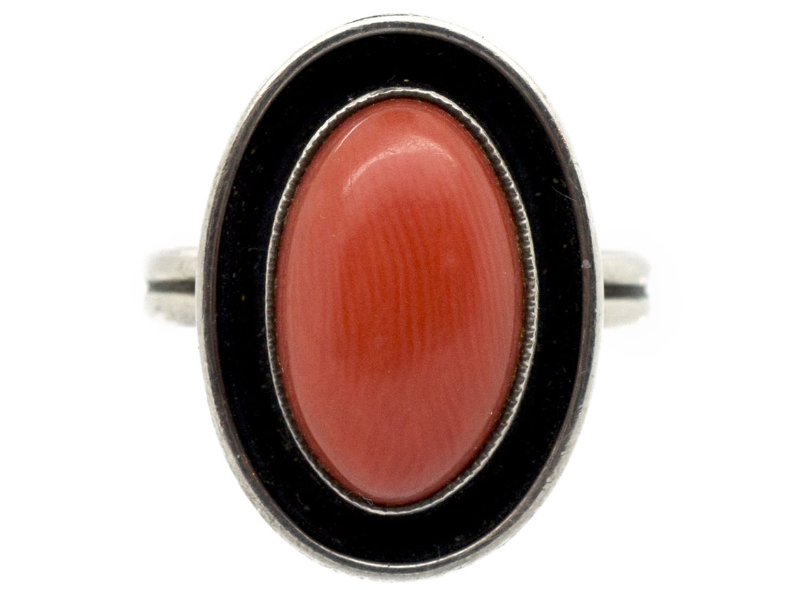 1950s Oval Coral & Silver Ring (408G) | The Antique Jewellery Company