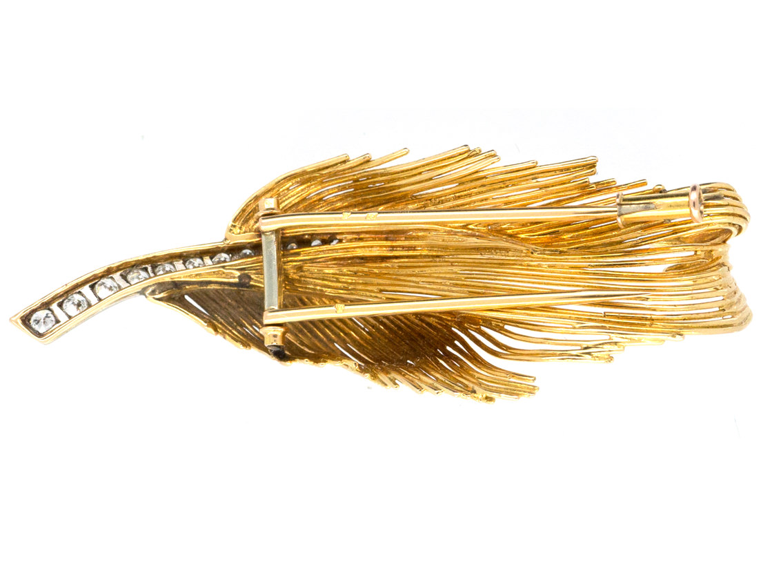 French 18ct Gold Feather Brooch set with Diamonds (450G) | The Antique ...