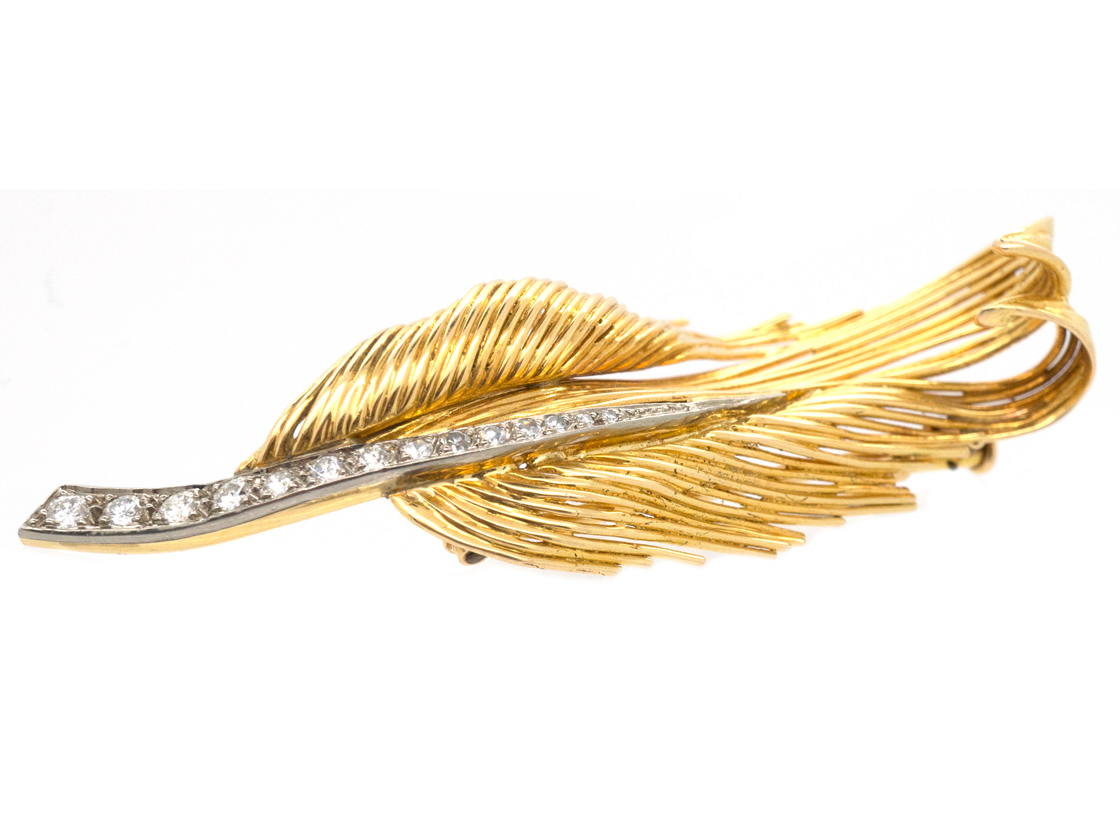 French 18ct Gold Feather Brooch set with Diamonds (450G) | The Antique ...