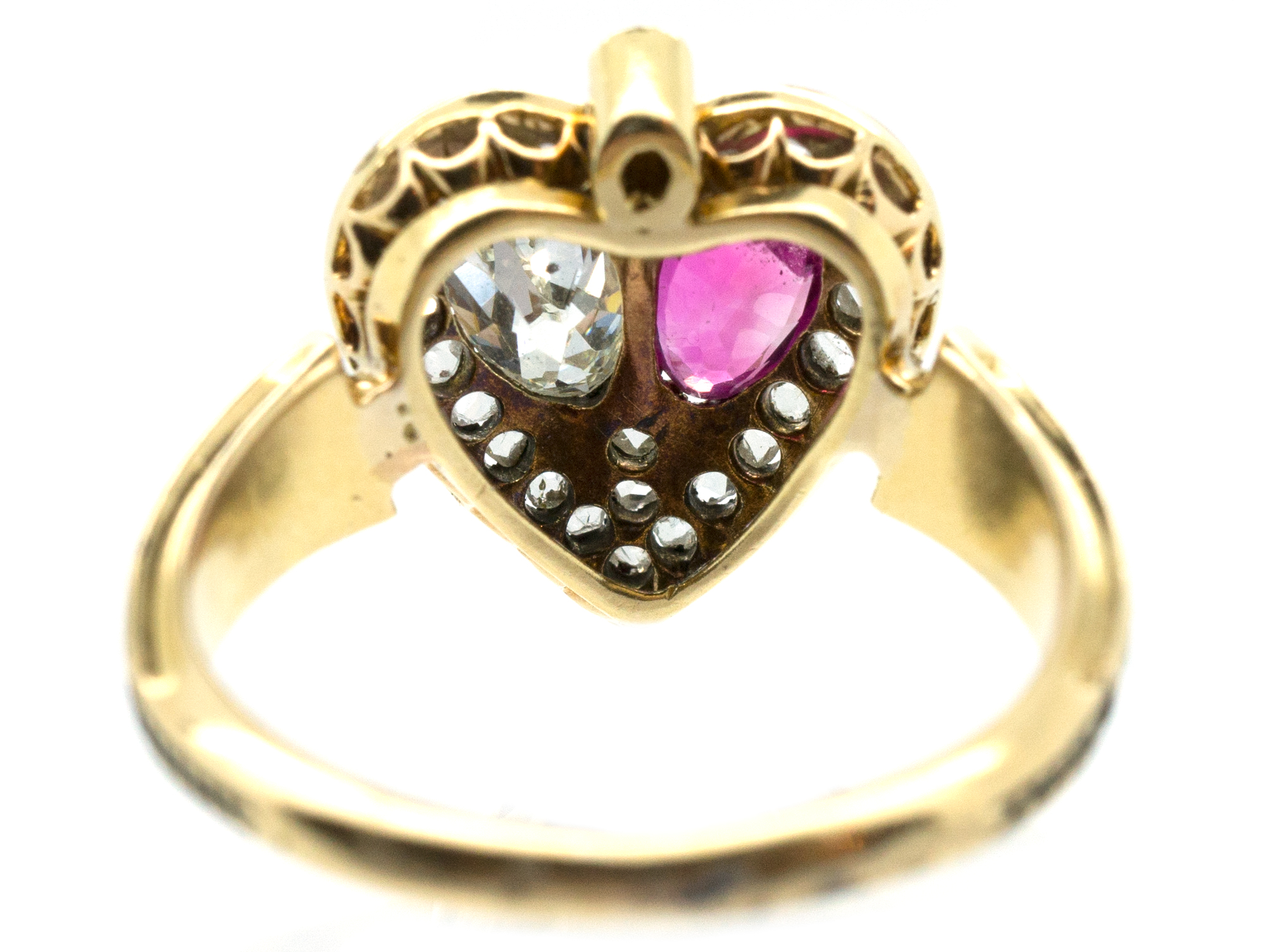 Victorian 18ct Gold Diamond & Ruby Double Heart Ring within a Spade ...