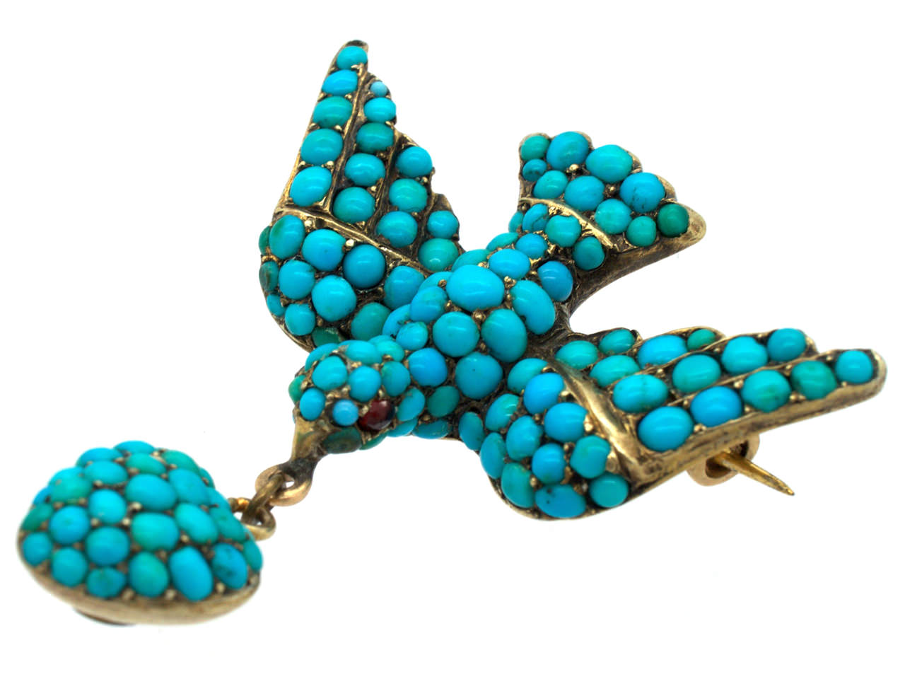 Georgian 18ct Gold & Turquoise Dove of Peace Brooch with Heart Drop ...