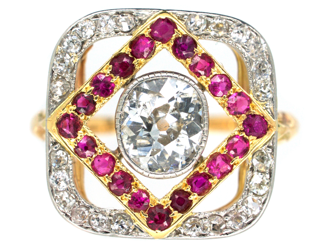 Art Deco Diamond & Ruby Square Ring (125/O) | The Antique Jewellery Company