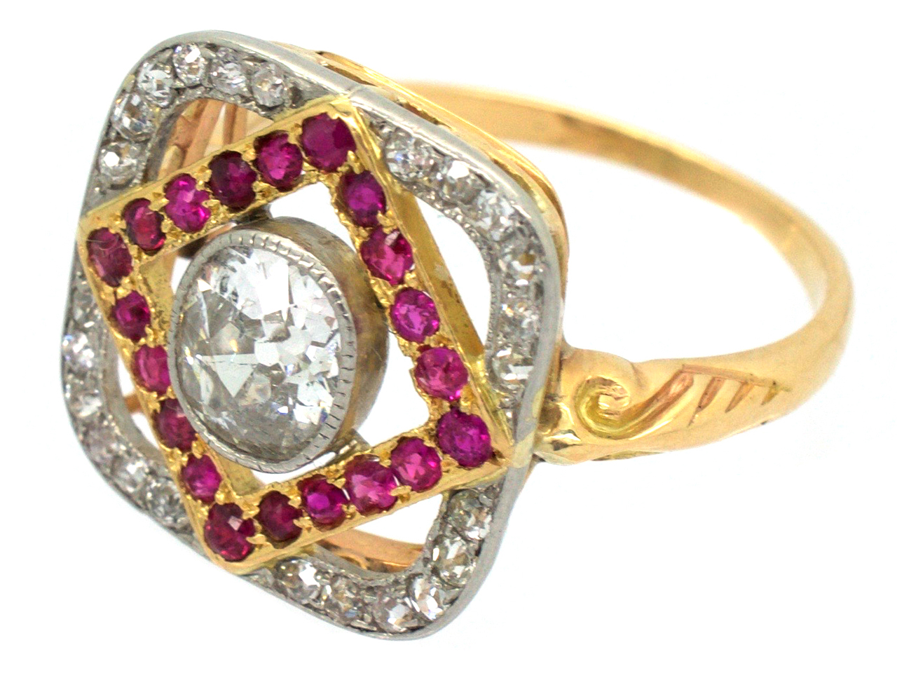 Art Deco Diamond & Ruby Square Ring (125/O) | The Antique Jewellery Company