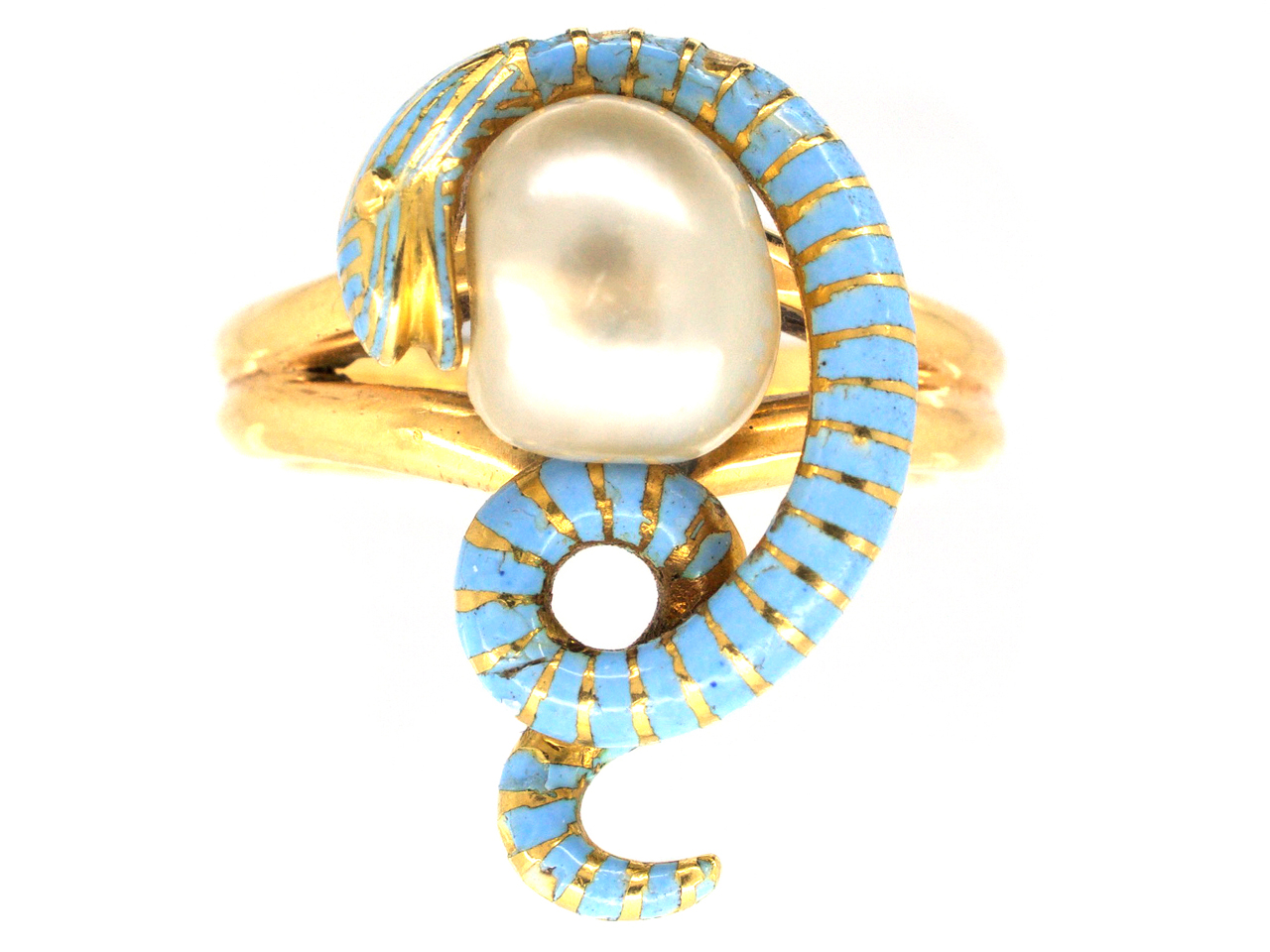 Victorian 18ct Gold Coiled Enamel Snake & Natural Pearl Ring (701E ...