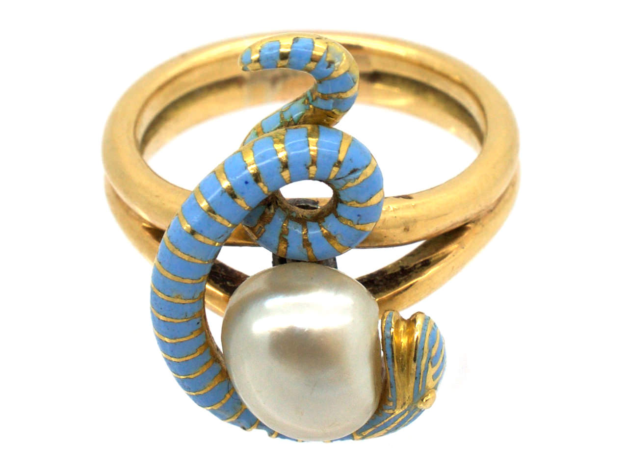 Victorian 18ct Gold Coiled Enamel Snake & Natural Pearl Ring (701E ...