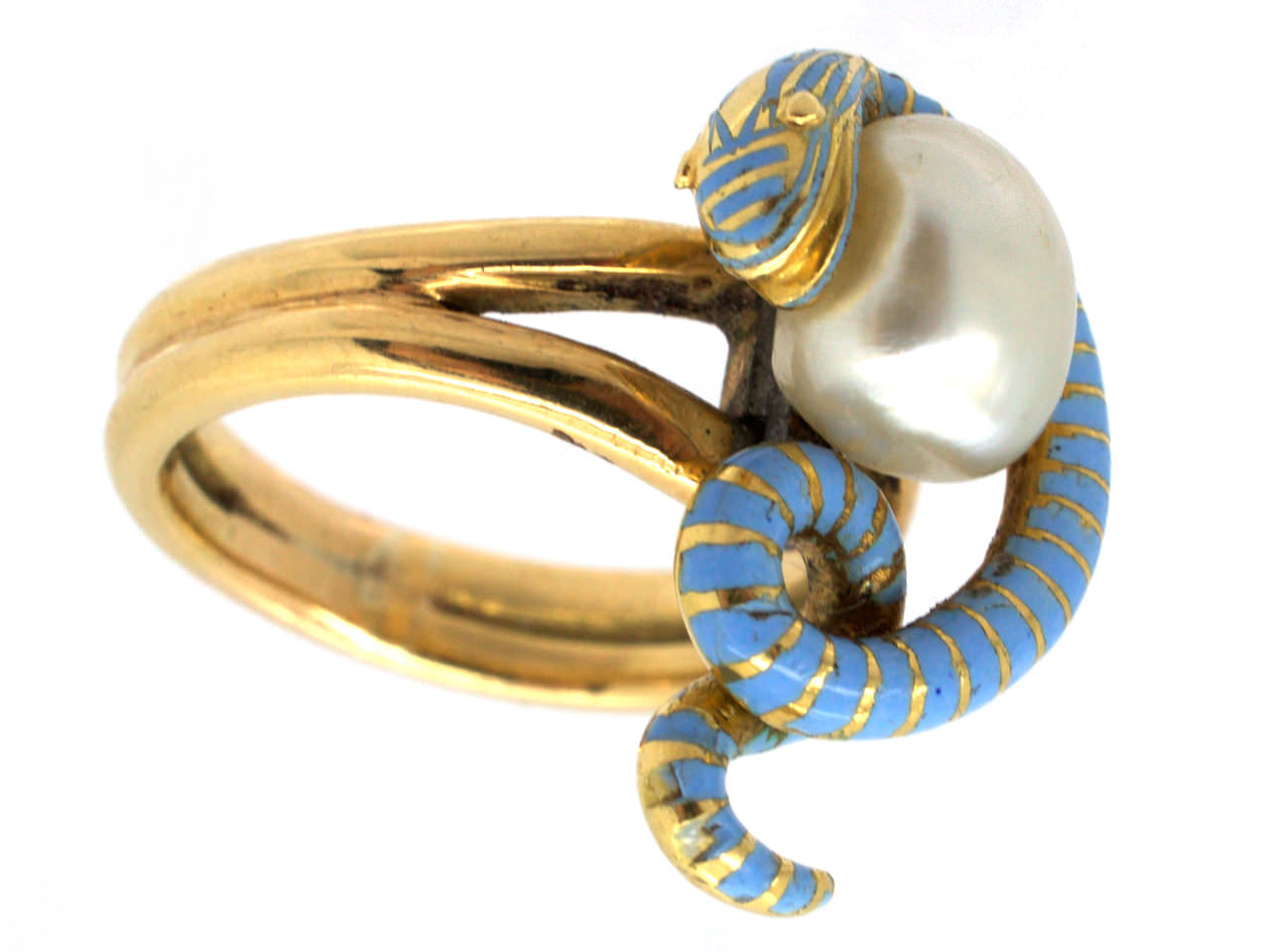 Victorian 18ct Gold Coiled Enamel Snake & Natural Pearl Ring (701E ...