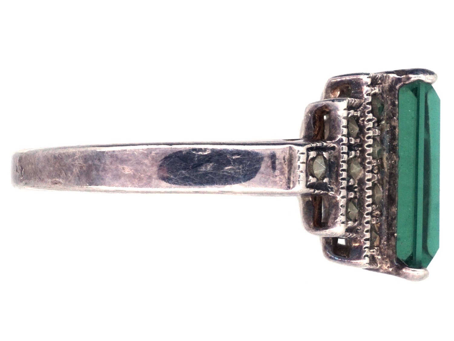 Silver, Marcasite & Green Paste Art Deco Ring (994B1/OJ) | The Antique ...