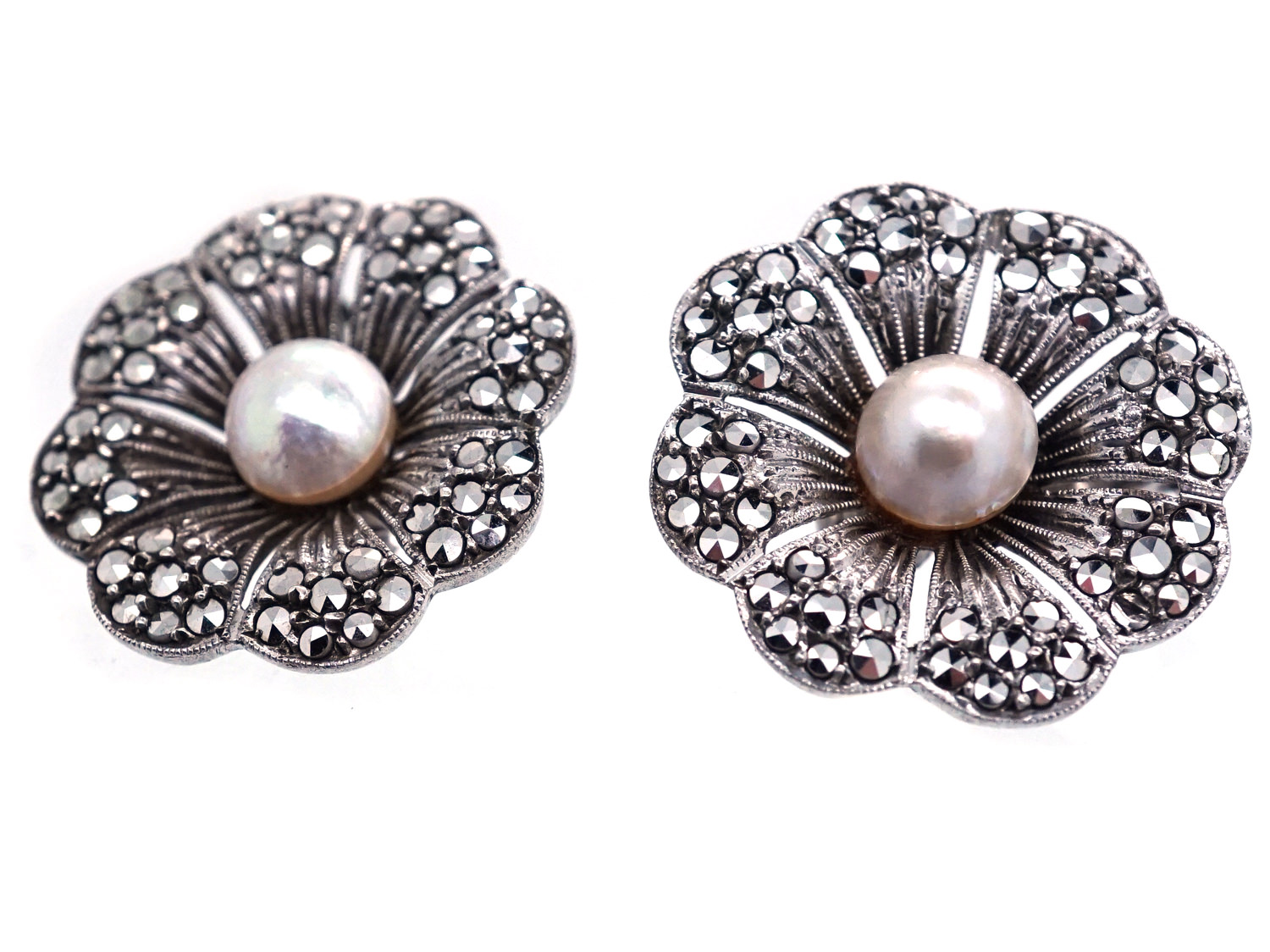 Silver, Bouton Pearl & Marcasite Earrings (821G) | The Antique ...