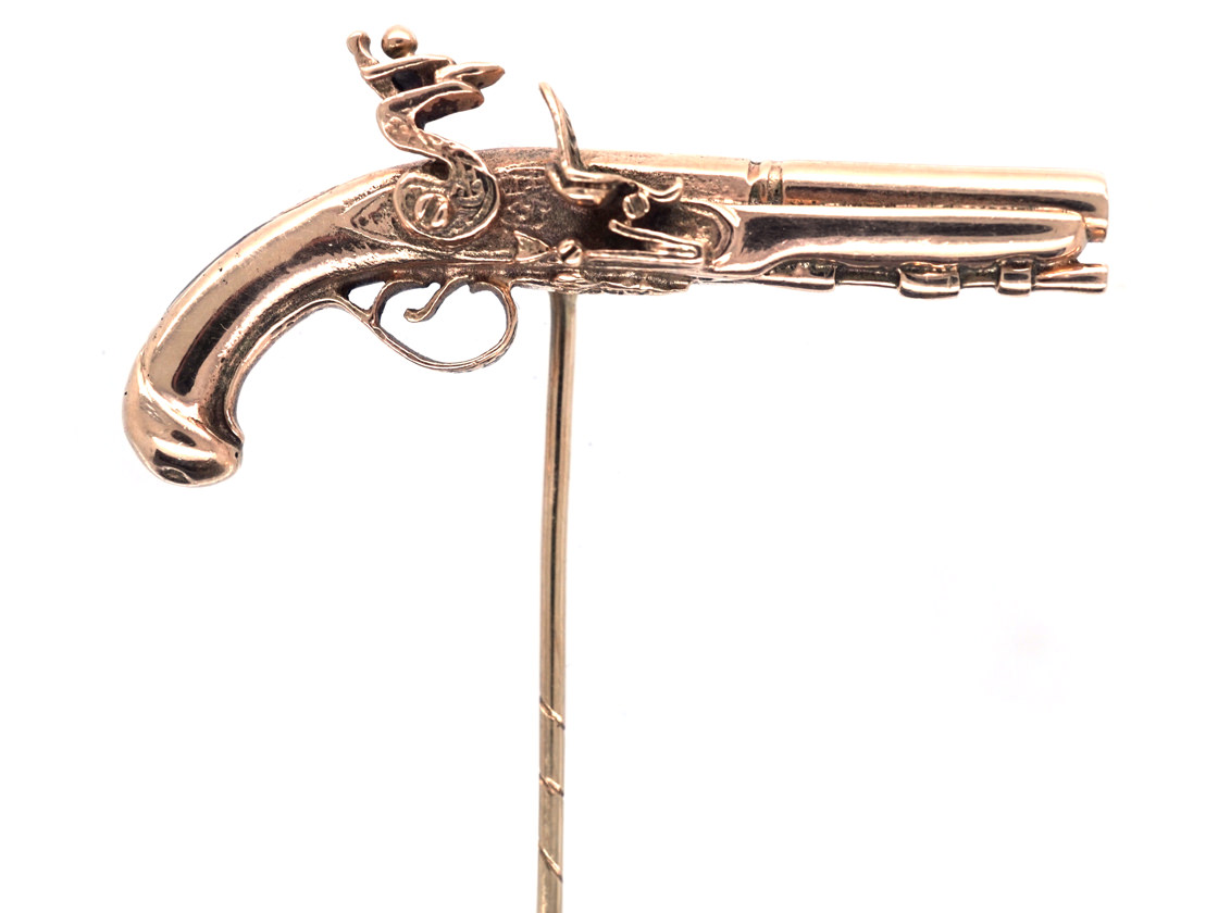 9ct Gold Flint Lock Pistol Stick Pin (74SS) | The Antique Jewellery Company