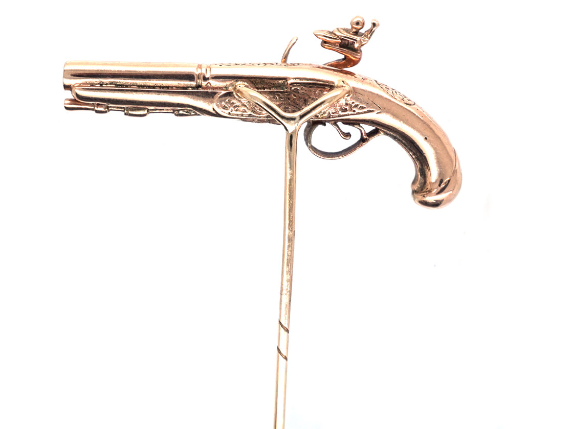9ct Gold Flint Lock Pistol Stick Pin (74SS) | The Antique Jewellery Company