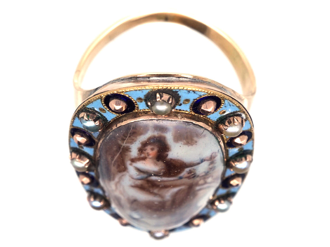 Georgian Gold Miniature Ring with Enamel, Pearl & Diamond Surround ...