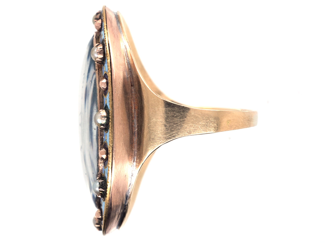 Georgian Gold Miniature Ring with Enamel, Pearl & Diamond Surround ...