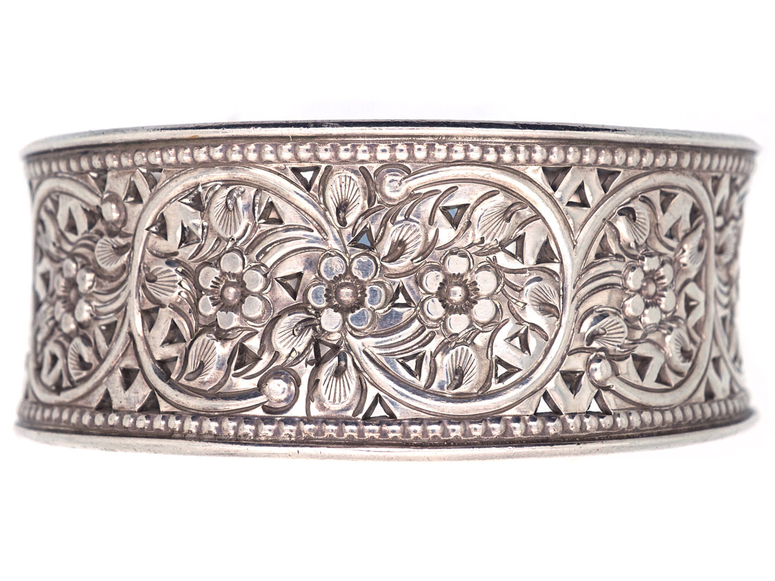 Silver Pierced Work Flower Design Bangle (887G) | The Antique Jewellery ...